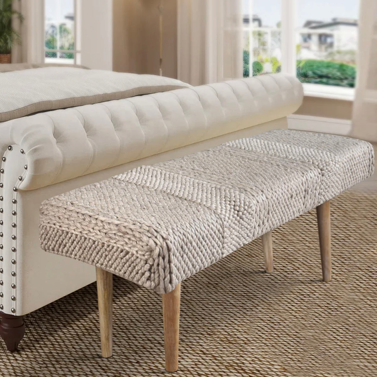 Anaya Home Textured Taupe Handwoven Bench – casabelladecor.net
