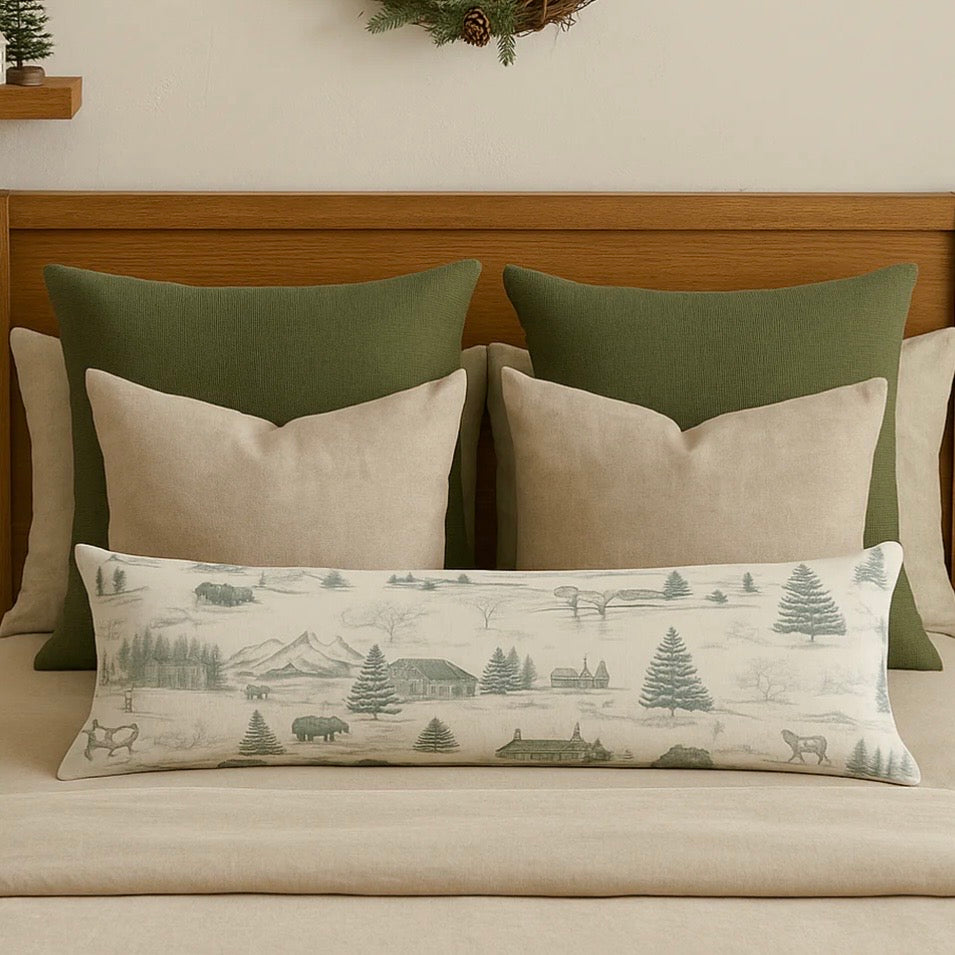 Anaya Home Christmas Toile Linen 14 x 40 Pillow ~ Spruce Green ...