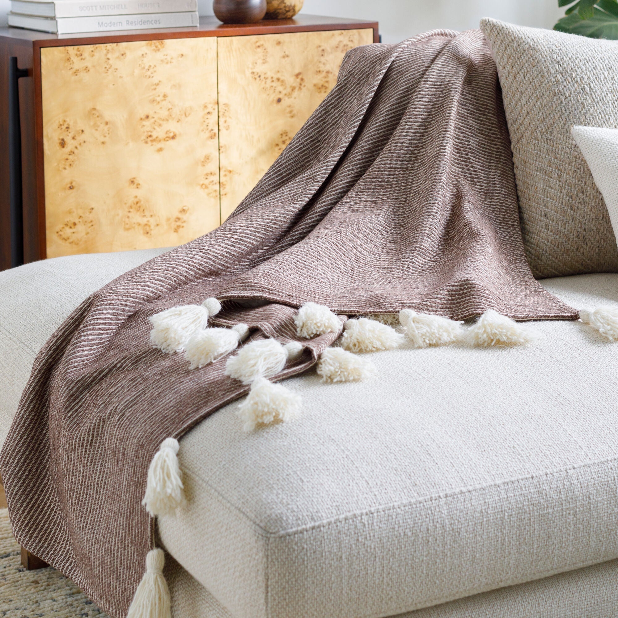Becki Owens Kapri Brown Cream Throw 50x60 | Woven Cotton Tassels ...