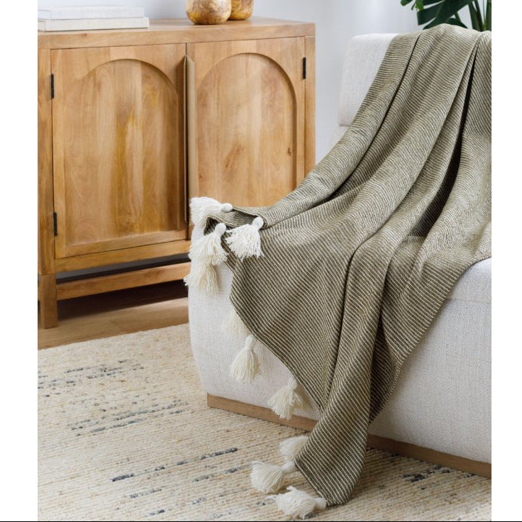 Becki Owens Kapri Olive Cream Throw 50x60 | Natural Cotton Tassels ...