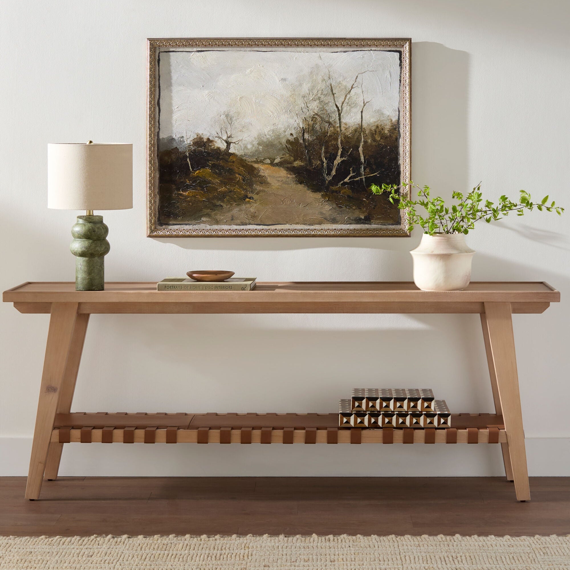 Becki Owens x SURYA Solano Taft Hemlock Wood and Leather Console Table ...